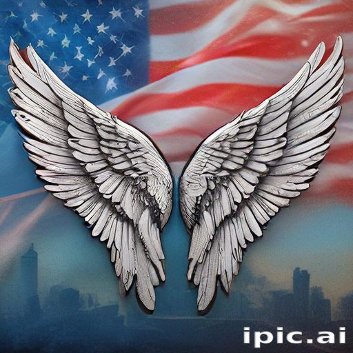 Symbolic Wings Against a Background of the American Flag and Cityscape