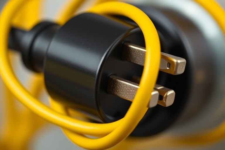 Close-Up of a Black Electrical Plug Wrapped in Bright Yellow Cord