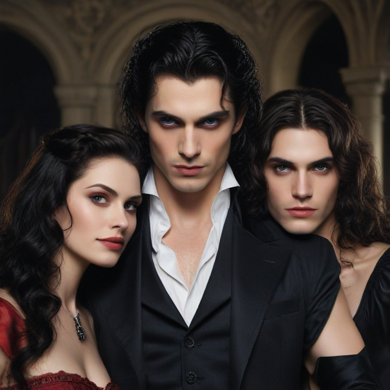A regal scene with three vampires adorned in elaborate royal attire ...