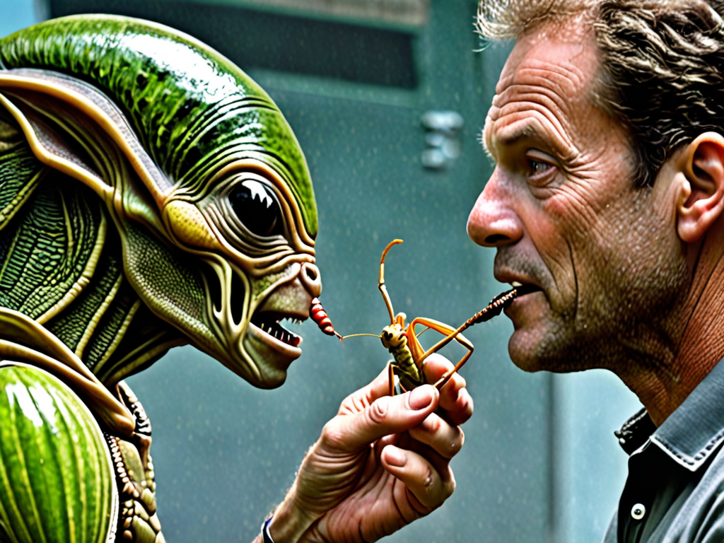 alien feeds a man with a cricket