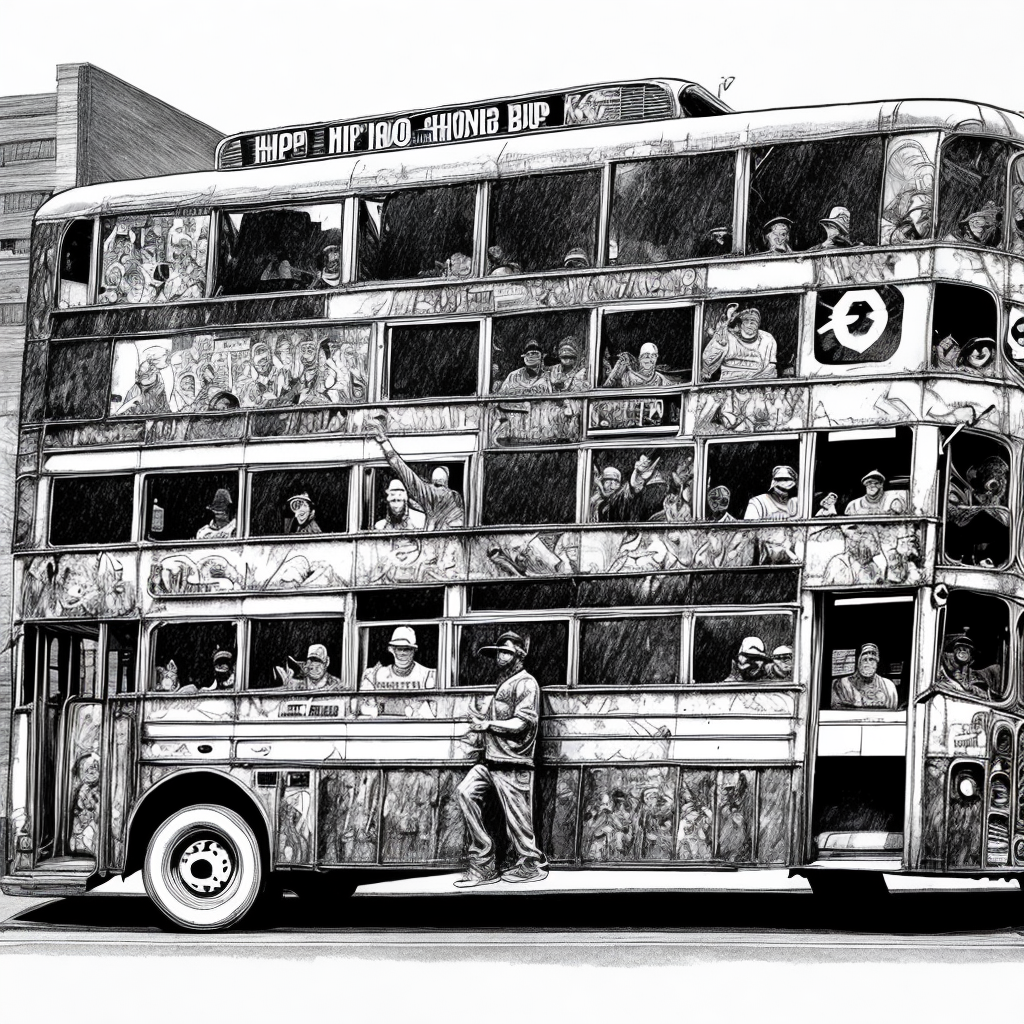 THE hip hop BUS in the street. COMIC BOOK. SKETCH STYLE. BLACK AND WHITE.