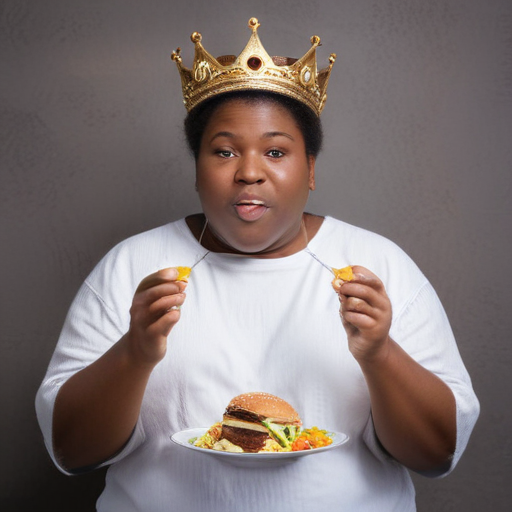 Obese Black person eating food with crown