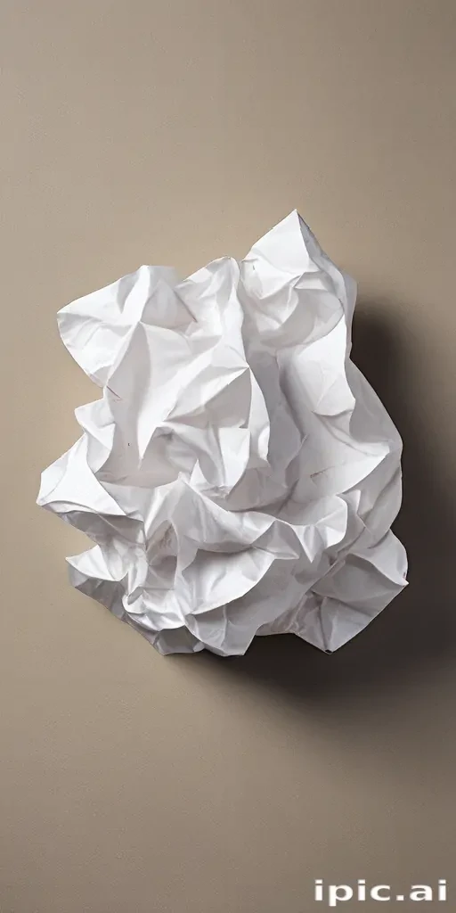 Crumpled White Paper Ball Resting on a Soft Neutral Background Surface.