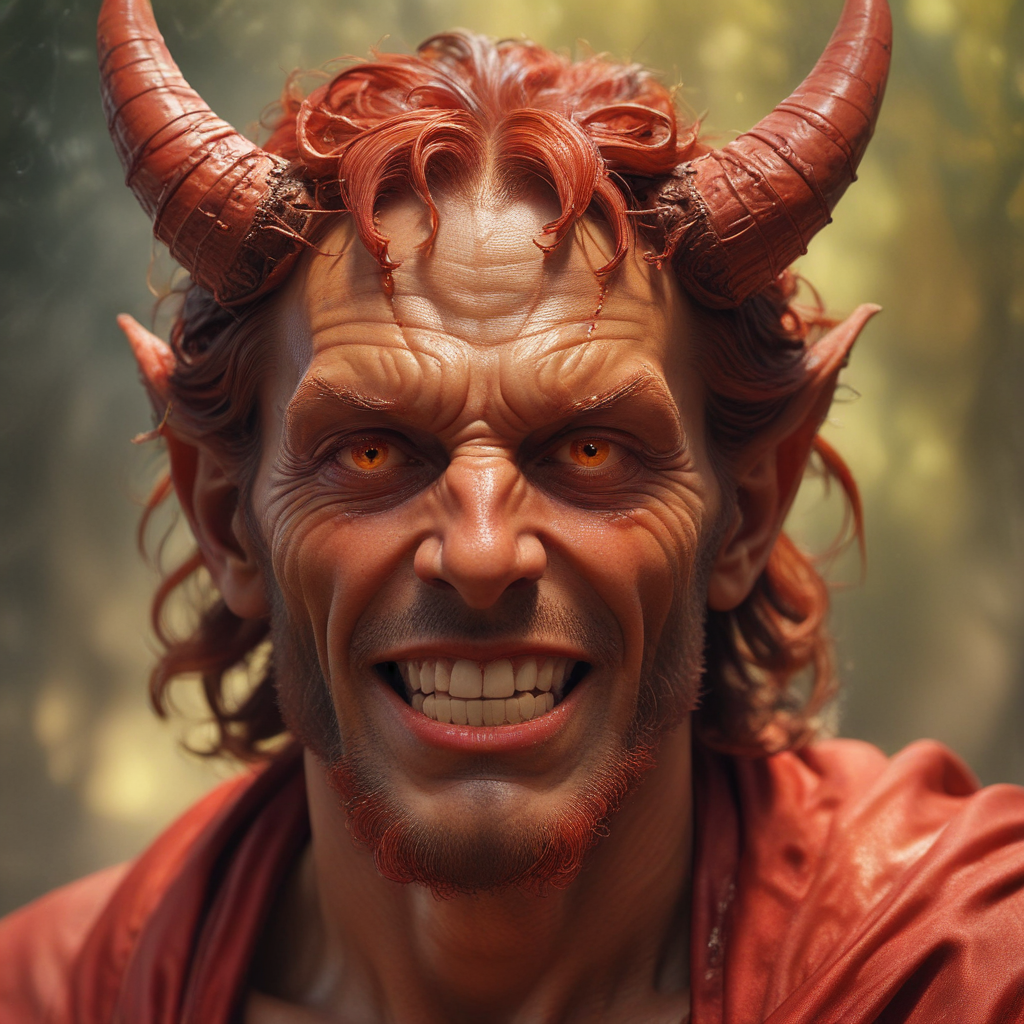 Sinister Demon Character with Horns and Fiery Eyes Smiling Evilly