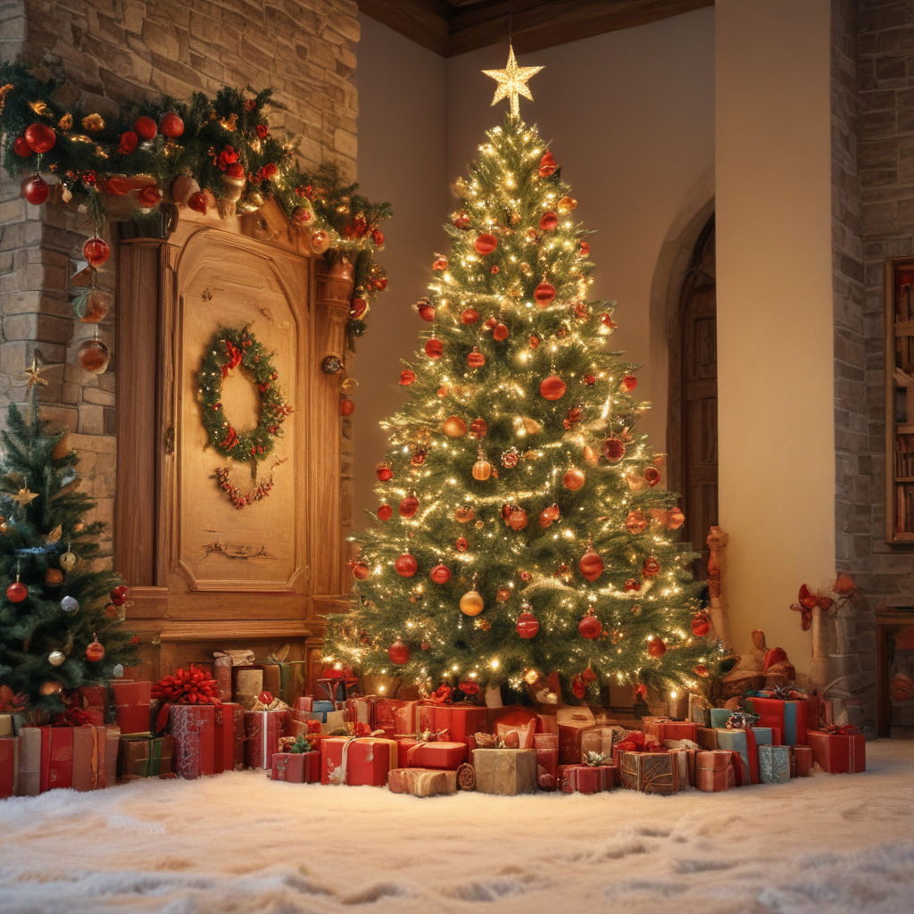 A Cozy Christmas Scene with a Beautifully Decorated Tree and Gifts.