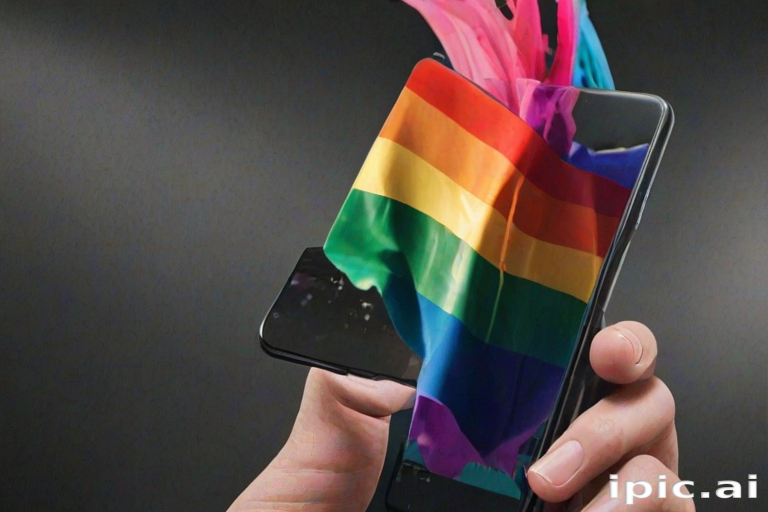 Vibrant Pride Flag Emerging from a Smartphone in Celebration of Diversity