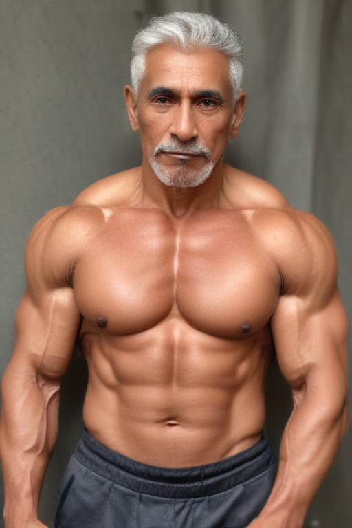 Old hindi man, bodybuilder, immense muscles, large pecs, strong abs