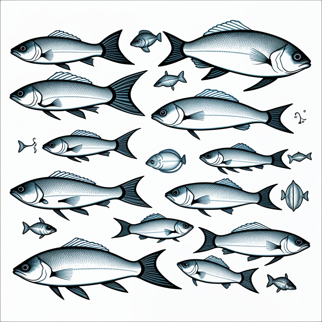 A Diverse Collection of Illustrative Fish Species in Various Sizes and ...