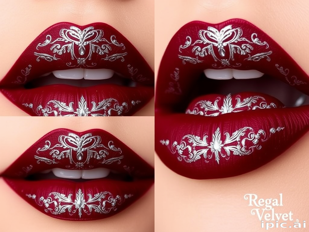 Intricate Silver Floral Designs on Bold Deep Red Velvet Lips Close-Up