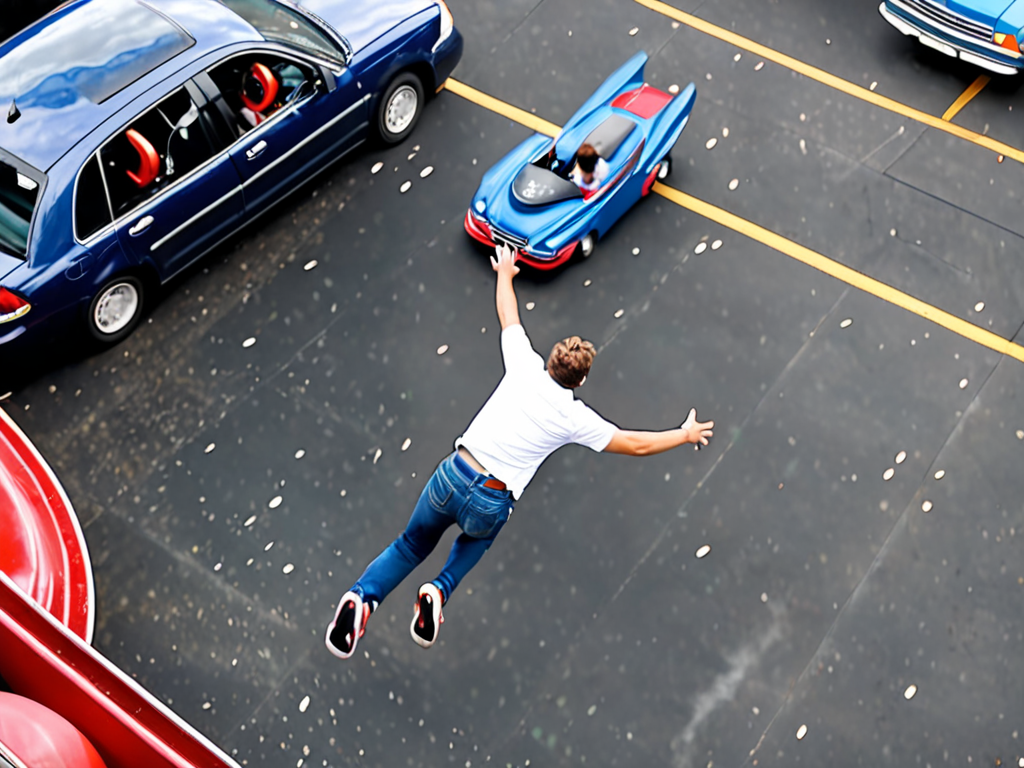 An overhead view of a man jumping and hitting three zombies with a ...