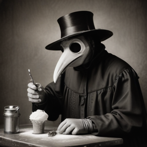 a daguerreotype image of a plague doctor making ice cream