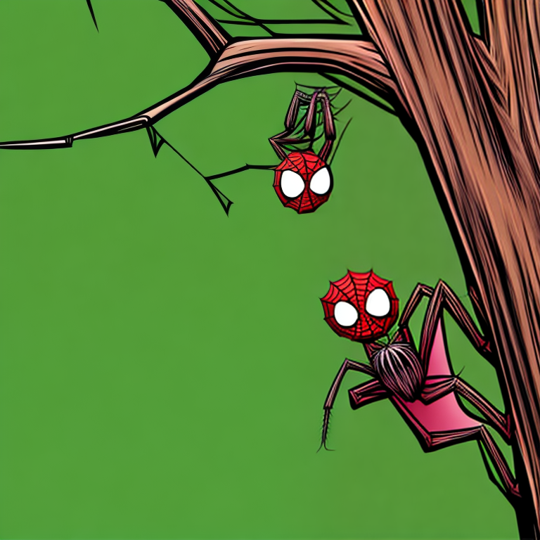 spider crawling up a tree, cartoon style