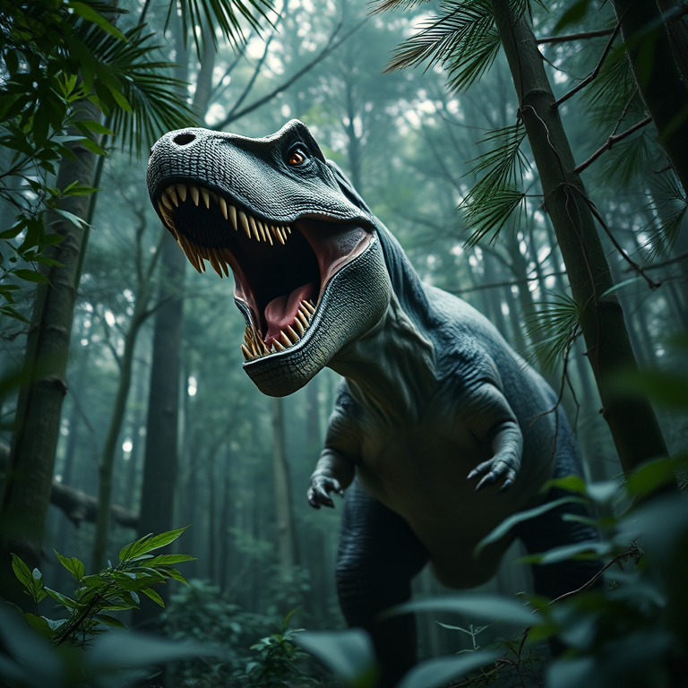 A Majestic Tyrannosaurus Rex Roaring in a Lush, Foggy Jungle Environment