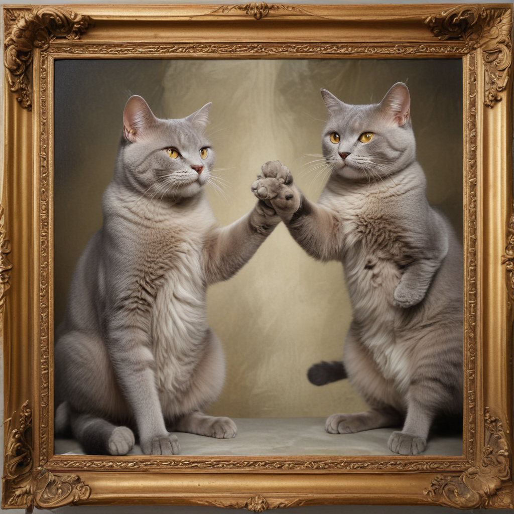 Two grey British cats modeling "the creation of Adam" by Michelangelo