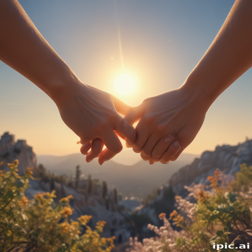 Two Hands Holding Each Other Against a Beautiful Sunset Landscape