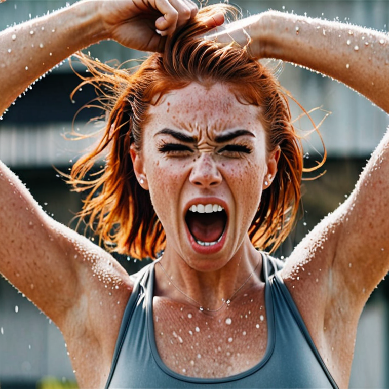 Angry women, arms up, armpit spot, 3d , flex, tongue out, freckles ...