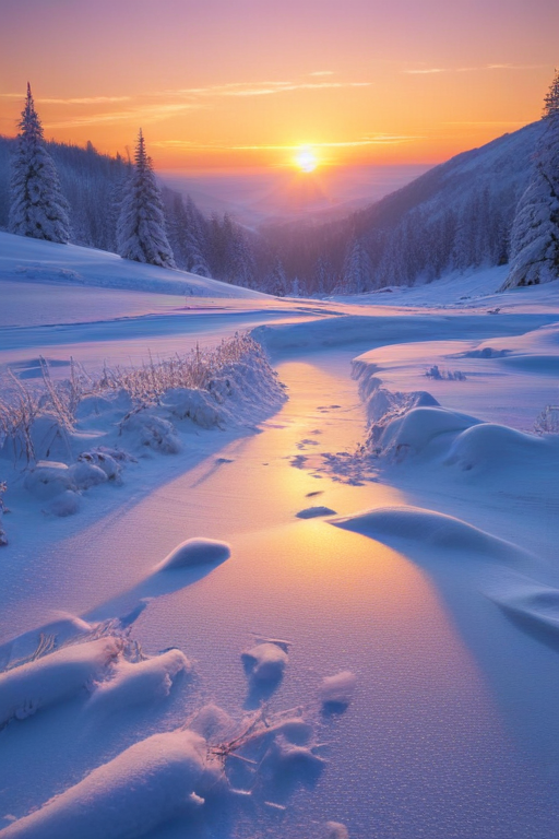 Serene Winter Landscape at Sunset with Snow-Covered Terrain and Trees