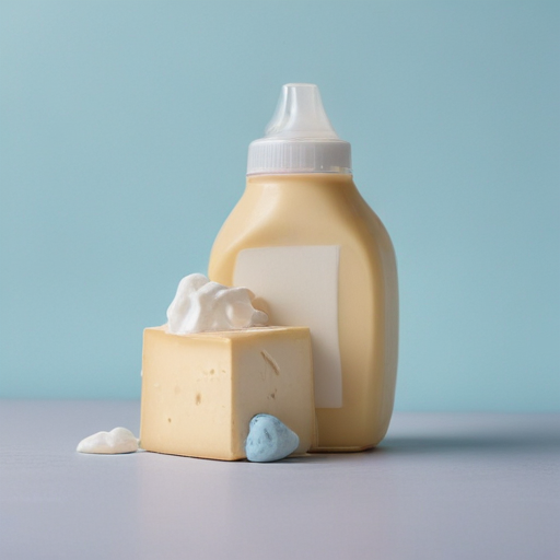 blue background big tasty cheese with a pacifier and a bottle of milk