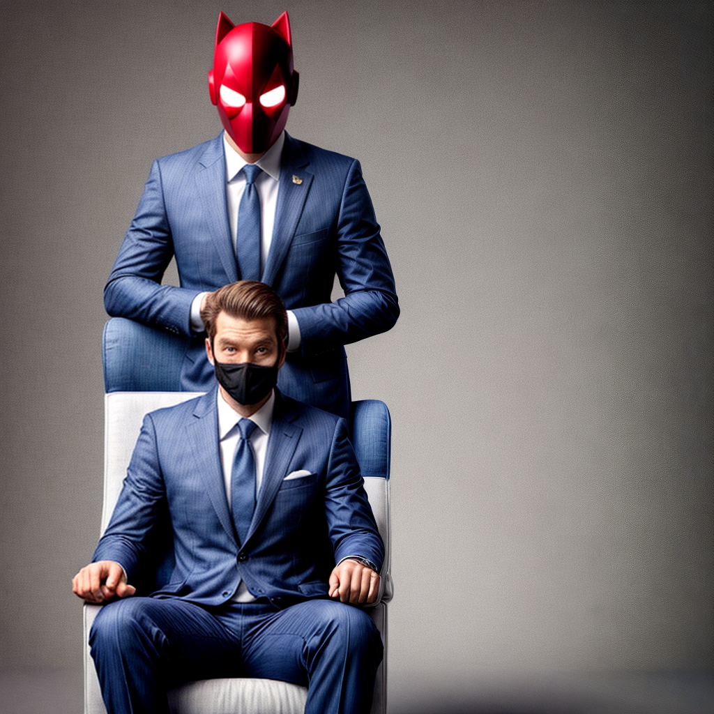 man in suit and hacker mask sitting on a throne
