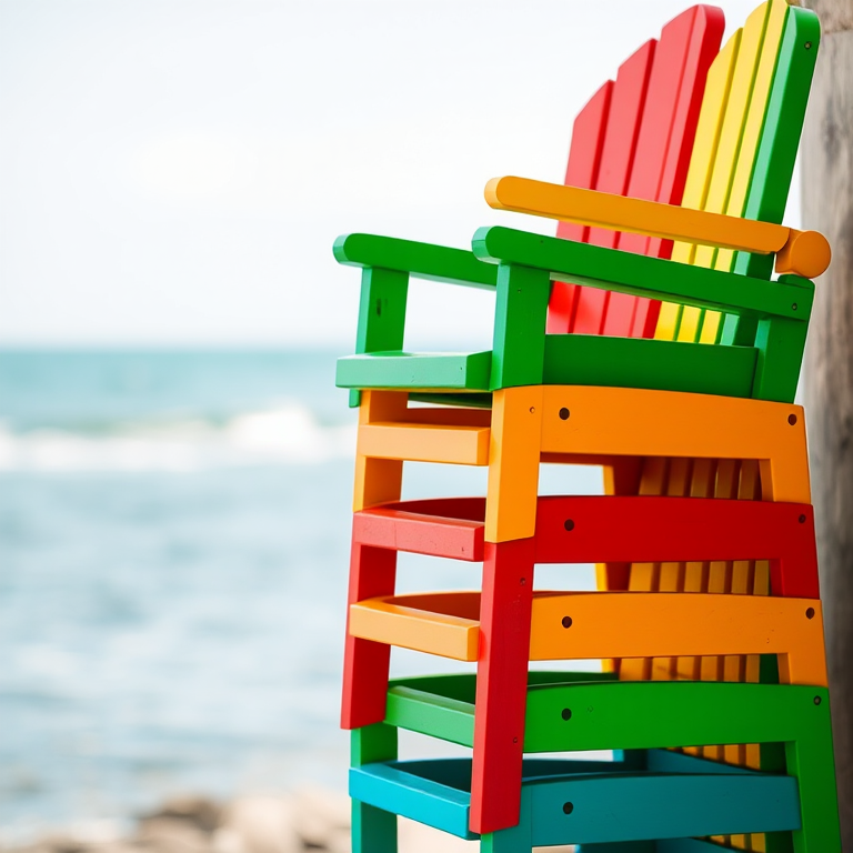 Colorful Stacked Beach Chairs Inviting Relaxation by the Ocean Shoreline.