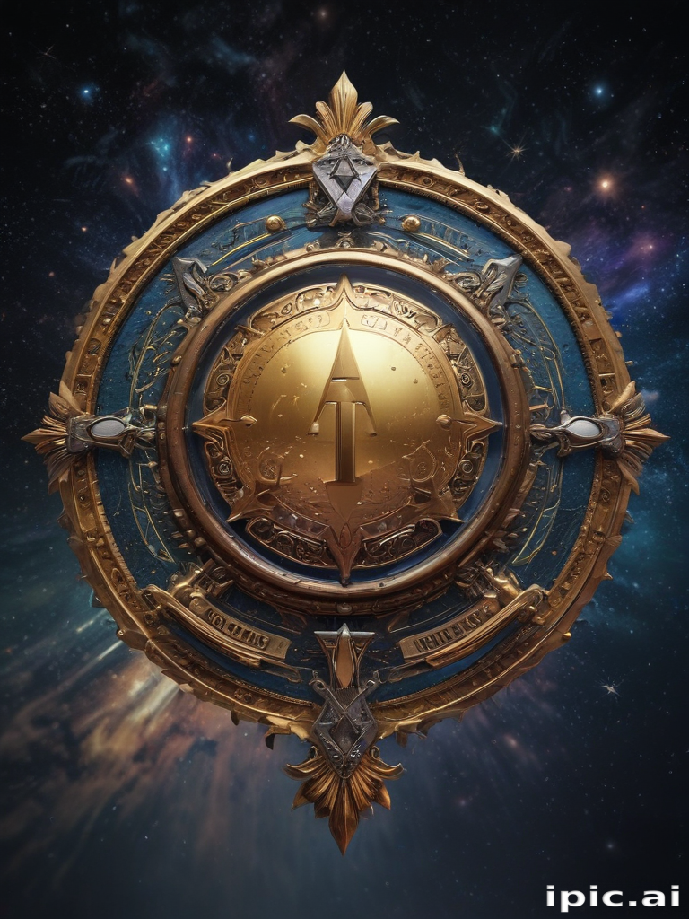Intricate Celestial Shield Emblem with Golden Design Against Cosmic ...