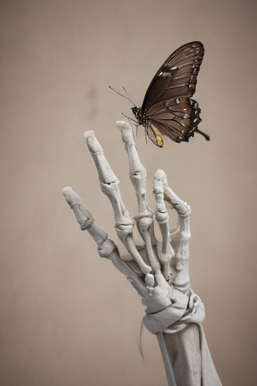 Skeleton hand reaching towards a butterfly