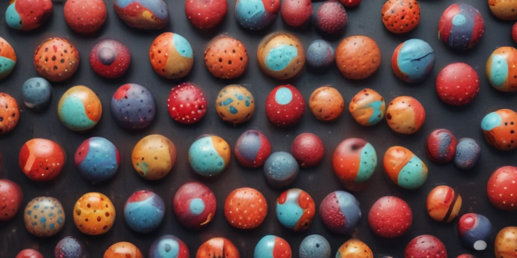 Colorful Assortment of Hand-Painted Stones Displayed on a Dark Surface