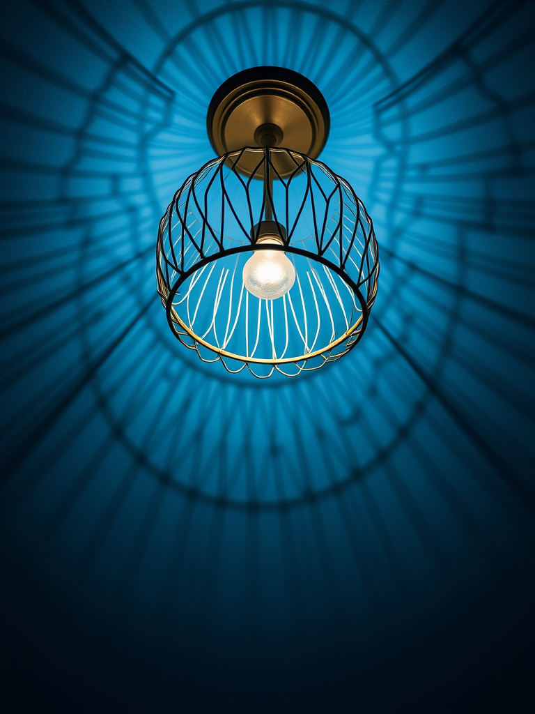 Elegant Ceiling Light Casting Intricate Shadows on a Vibrant Blue Wall