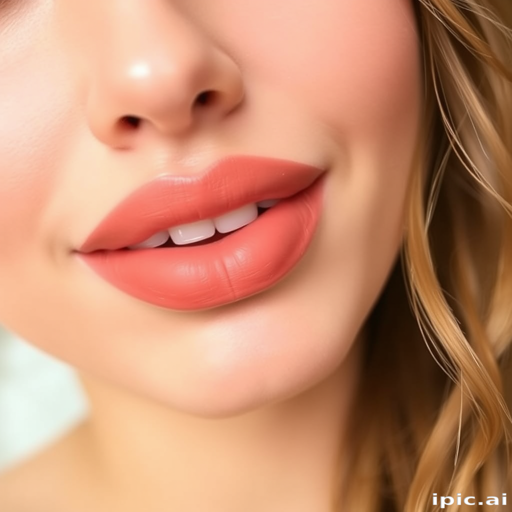 Close-Up of Beautiful Lips with Soft Pink Lipstick and Natural Smile