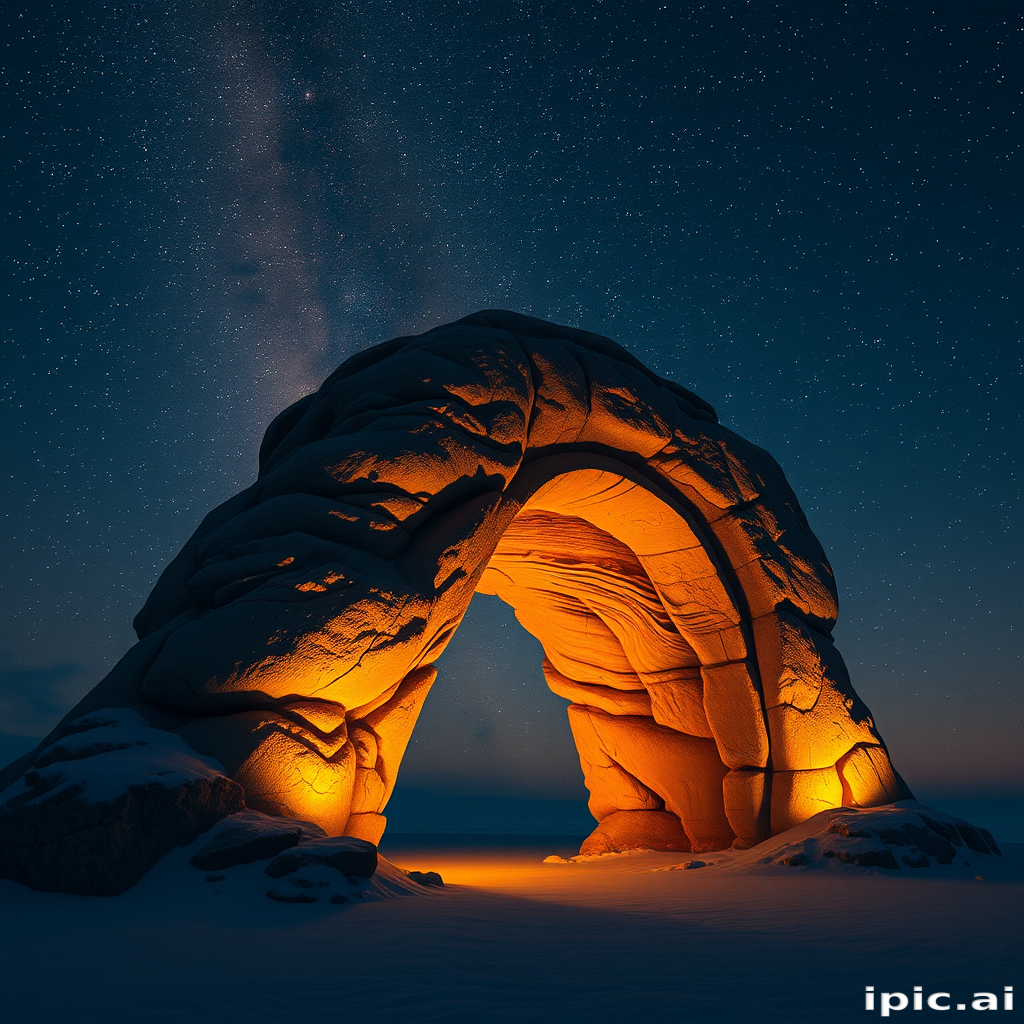 Majestic Stone Arch Illuminated Under a Starry Night Sky