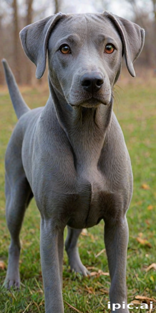 A Stunning Gray Dog Standing Proudly on Lush Green Grass.