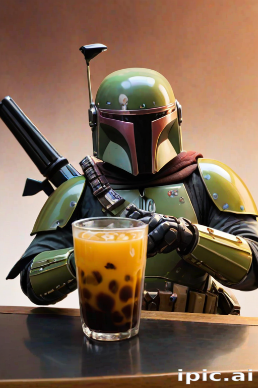 Boba Fett Enjoys a Refreshing Bubble Tea at a Cozy Café
