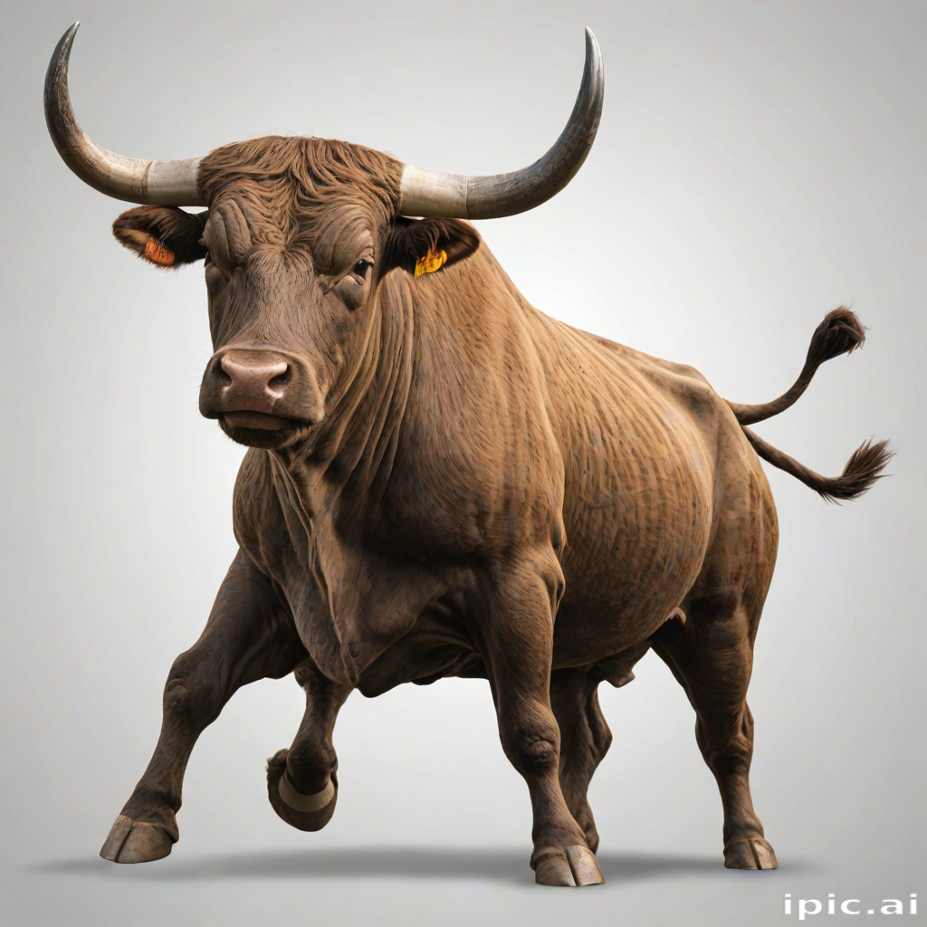 A Powerful Brown Bull with Impressive Horns in Dynamic Pose.