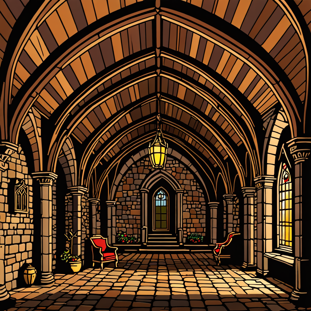 room with vaulted ceilings in the basement of a medieval castle. Night ...