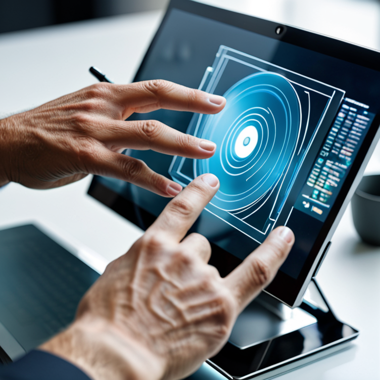 Futuristic transparent computer screen with human operating the system ...