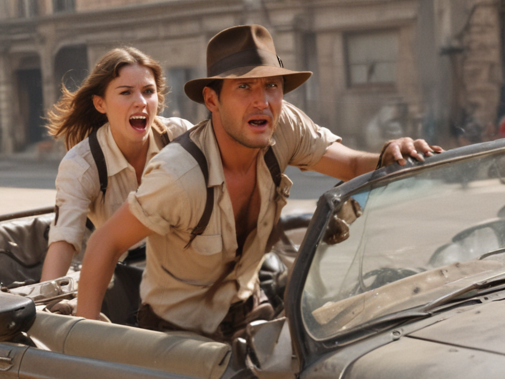 Indiana Jones is grabbing onto the hood of a car. a woman is driving ...