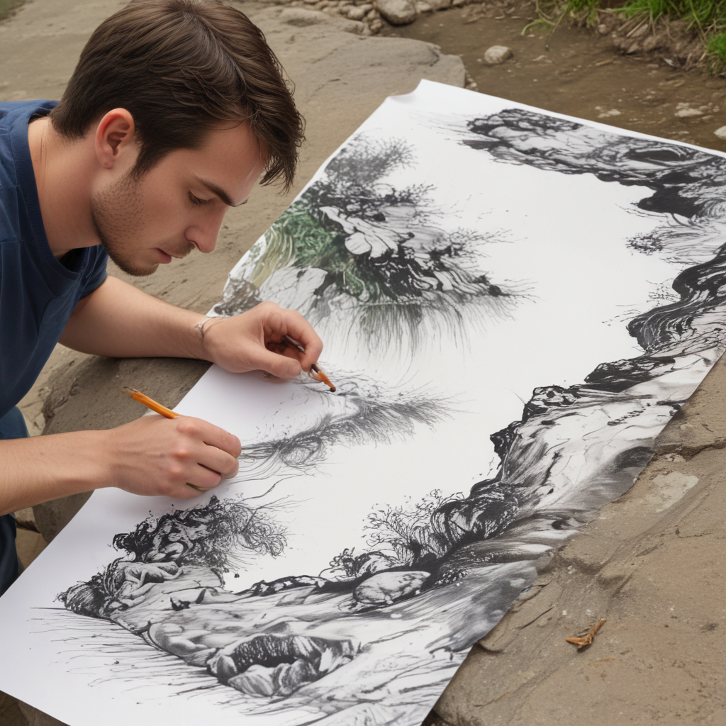 Man drawing on paper with a river coming out as ink
