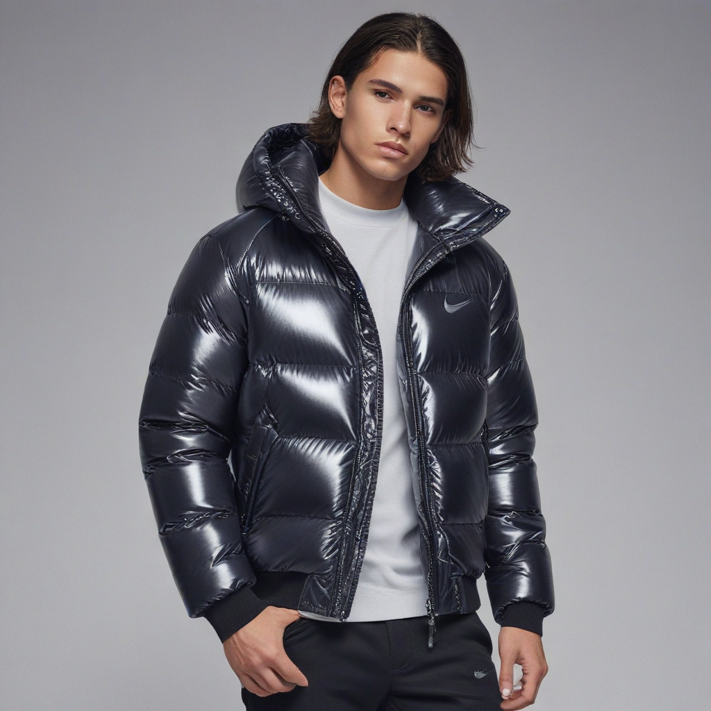 Male supermodel nike shiny super puffer jacket bling jewellery hood