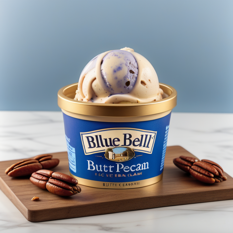 Delicious Blue Bell Butter Pecan Ice Cream with Pecans on a Wooden Board