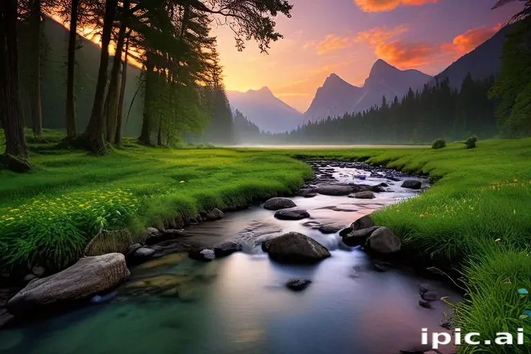 Serene Sunset Over Majestic Mountains and Tranquil Stream in Nature