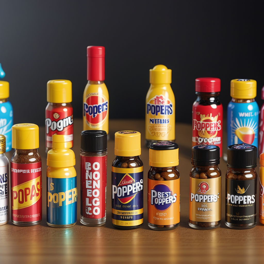 Colorful Collection of Various Poppers Bottles on a Wooden Surface