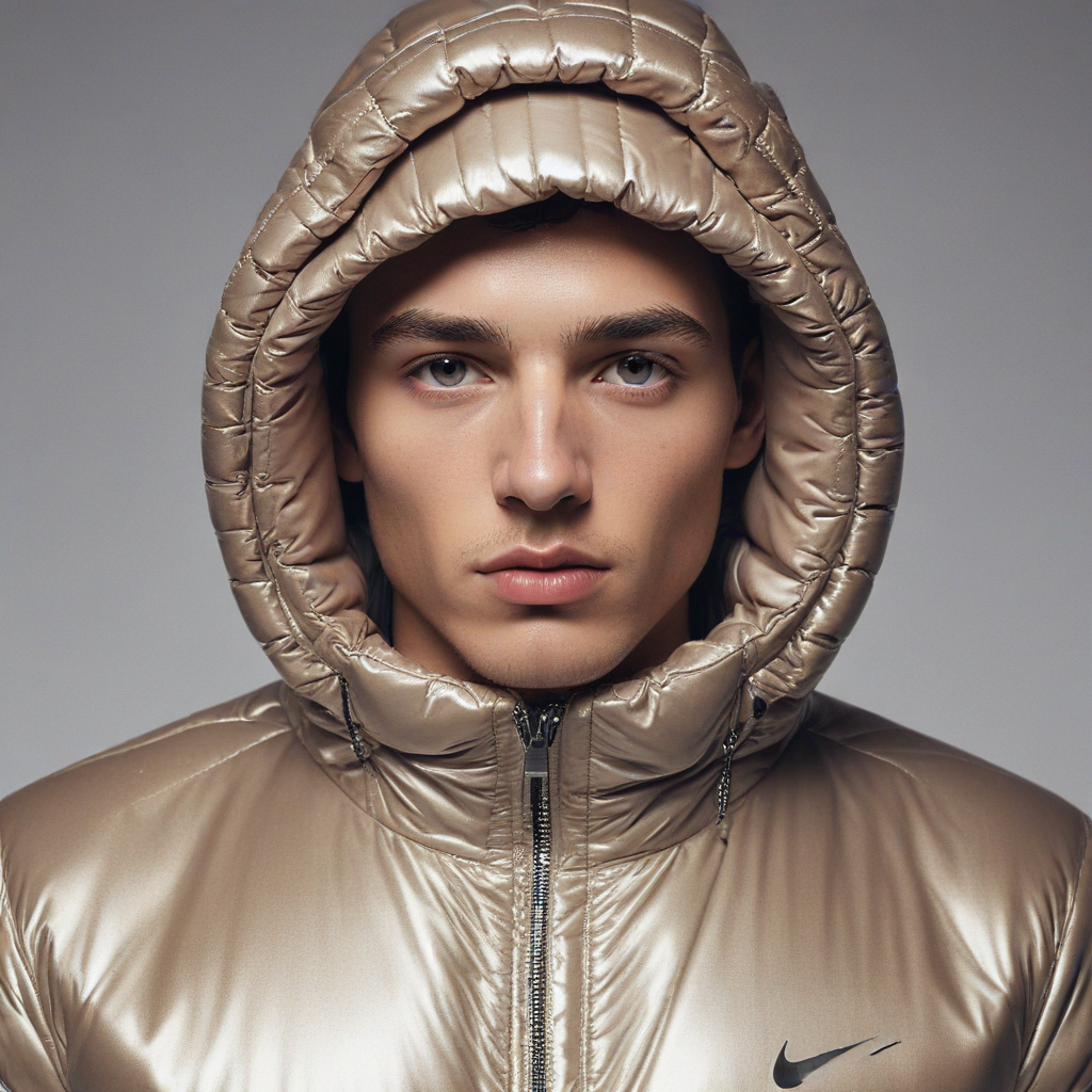Male supermodel nike shiny puffer jacket bling jewellery hood