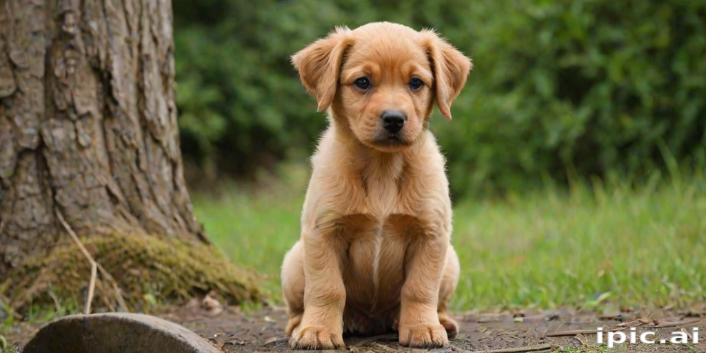 A Cute Golden Puppy Sitting on the Ground in Nature's Embrace.