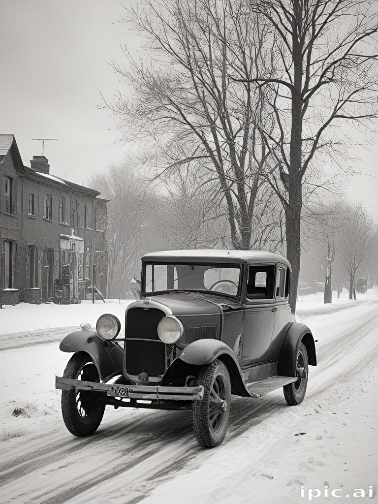 Classic Vintage Car Parked on a Snowy Street in Winter Wonderland
