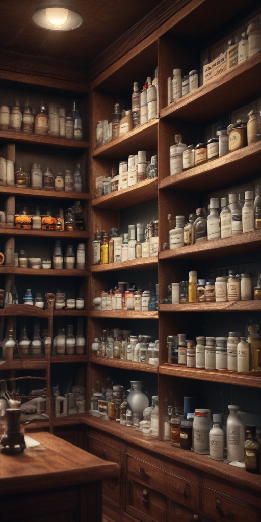 A Vintage Apothecary with Shelves Filled with Antique Medicine Bottles
