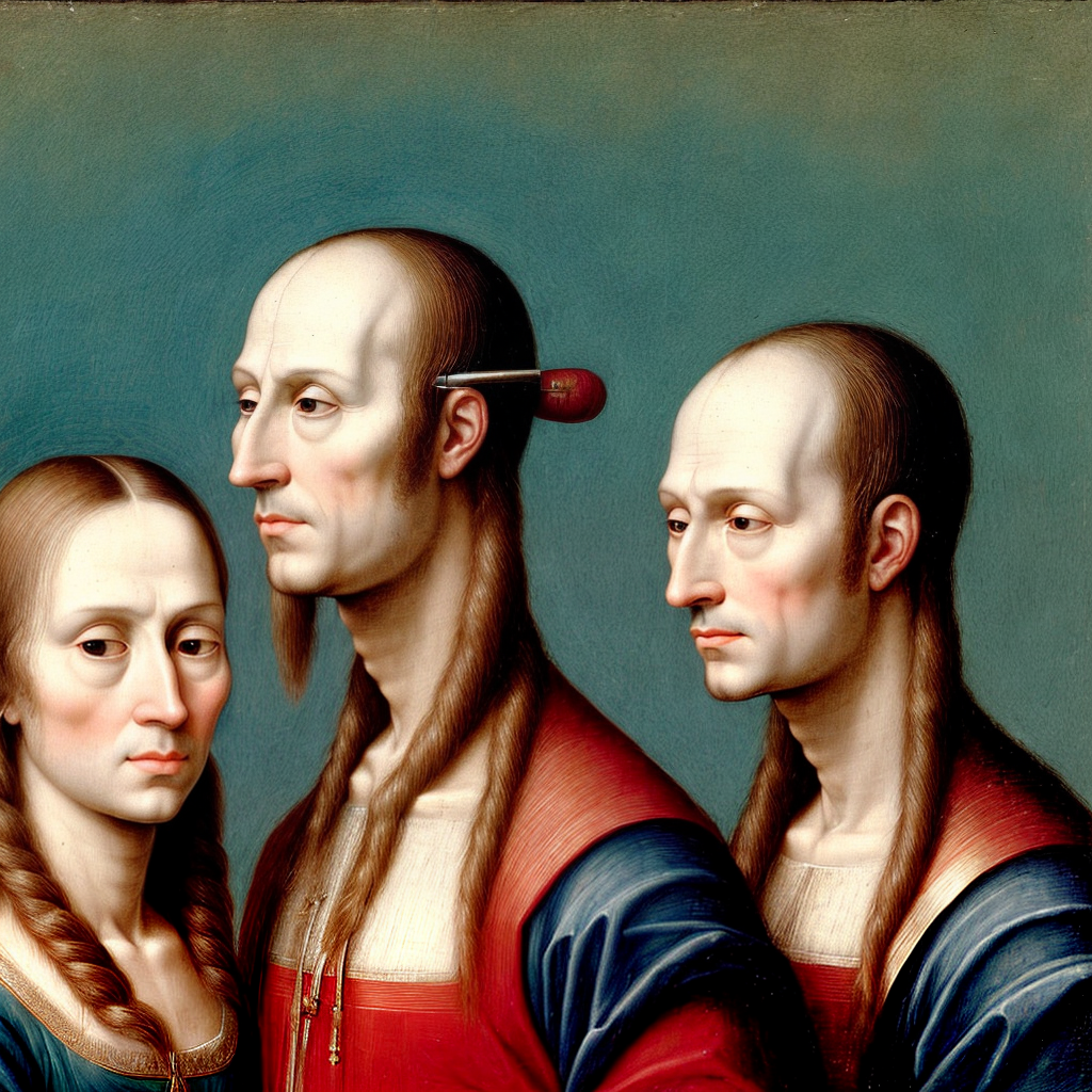 archer, two heads, in the style of hieronymus bosch