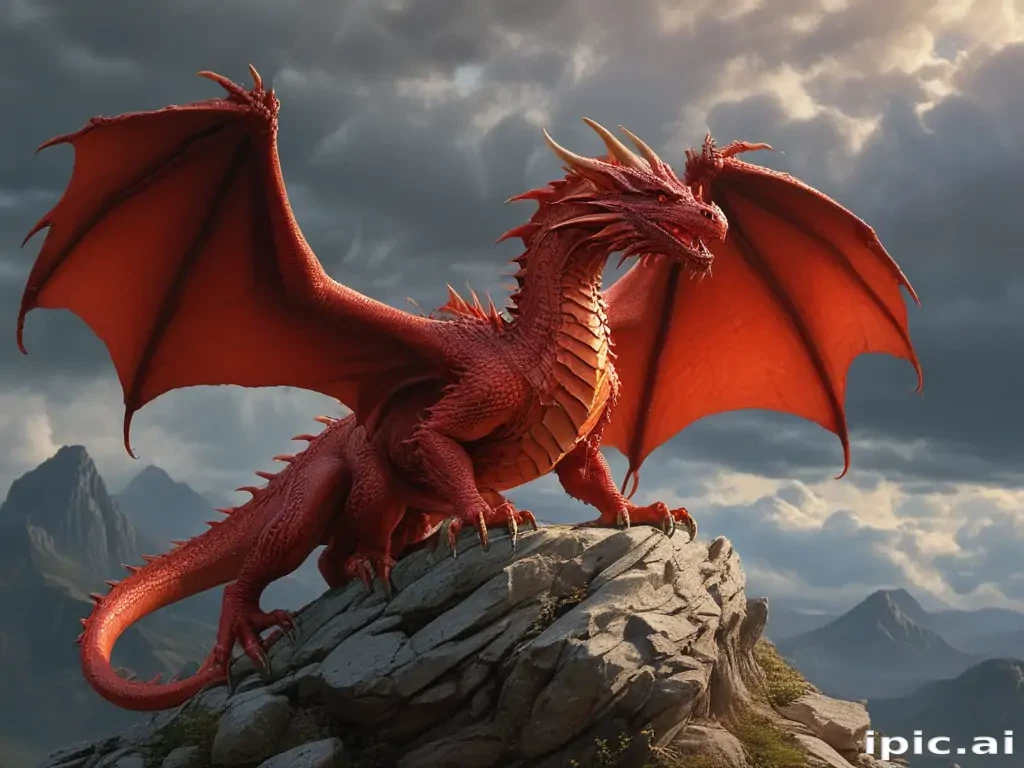 Majestic Red Dragon Perched on Rocky Outcrop Under Dramatic Sky