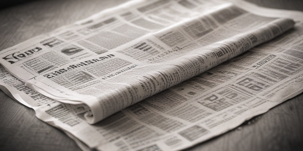An Elegant Composition of Folded Newspaper Pages on a Wooden Surface