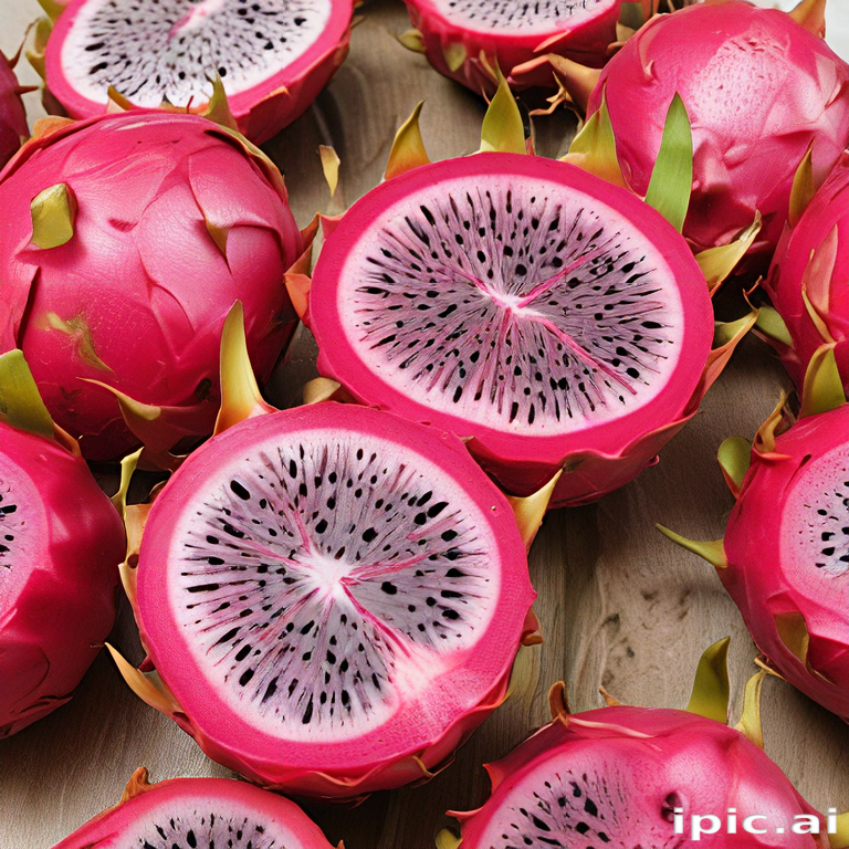 Vibrant Pink Dragon Fruit Halves Displayed on a Rustic Wooden Surface