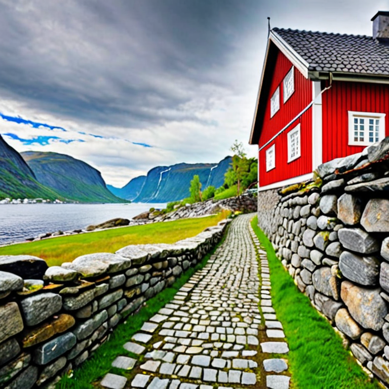 iconic historic norwegian wooden house building in norway on the left ...